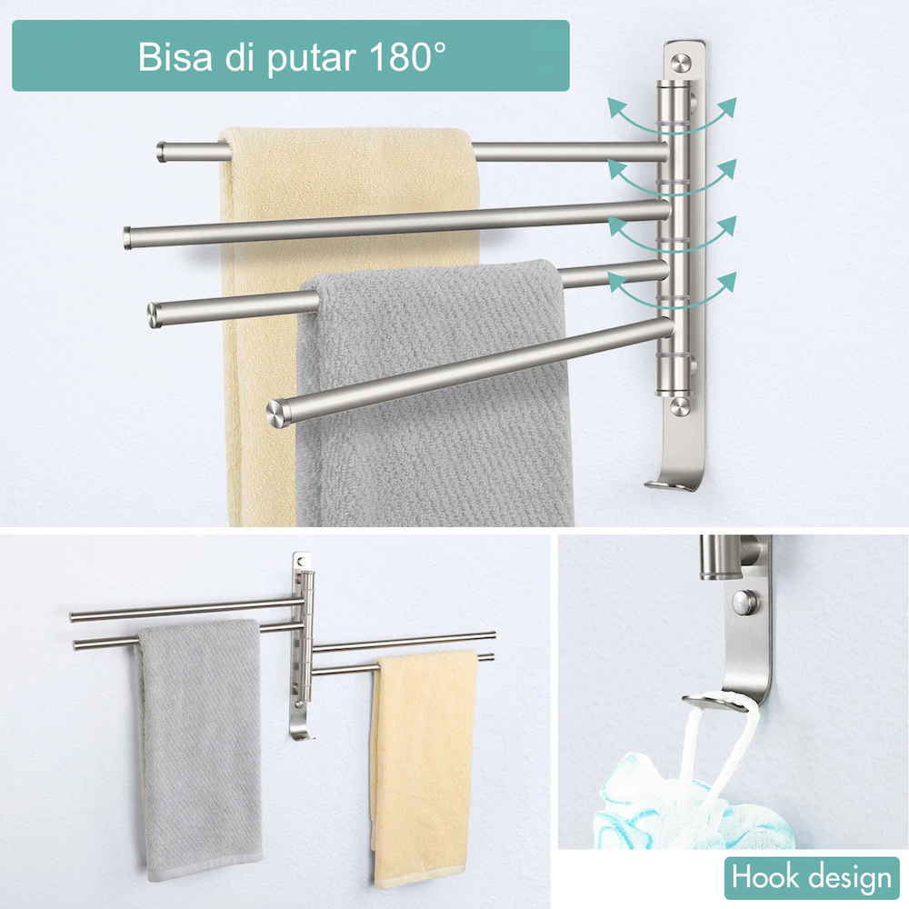 Gantungan handuk stainles swivel 4 baris desain double hook